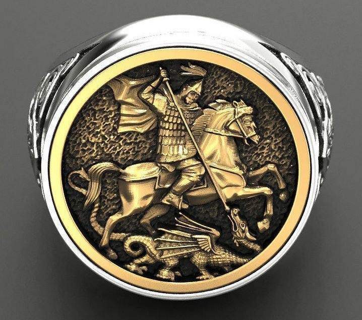 Iconographic St George Signet Dragon Men's Gorgeous Ring In 935 ...