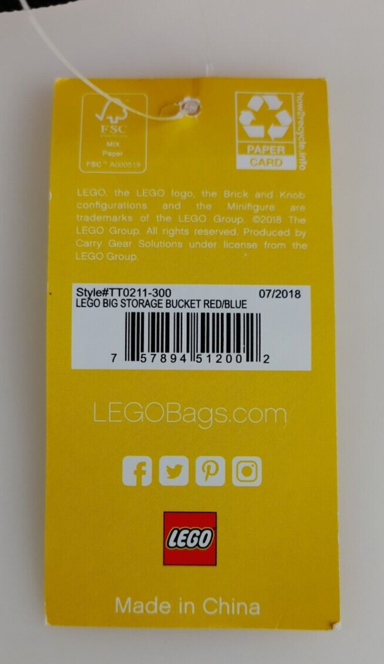 LEGO Big Storage Bucket Soft Bag with Handles Red & Blue #TT0211-300 ...