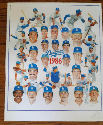 VINTAGE DODGERS~1986 TEAM PRINT~ SIGNED by ARTIST JAMES ZAR COA OLD PRO ...