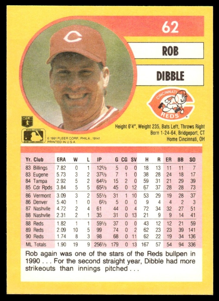 1991 Fleer Baseball Card Rob Dibble Cincinnati Reds #62 | eBay