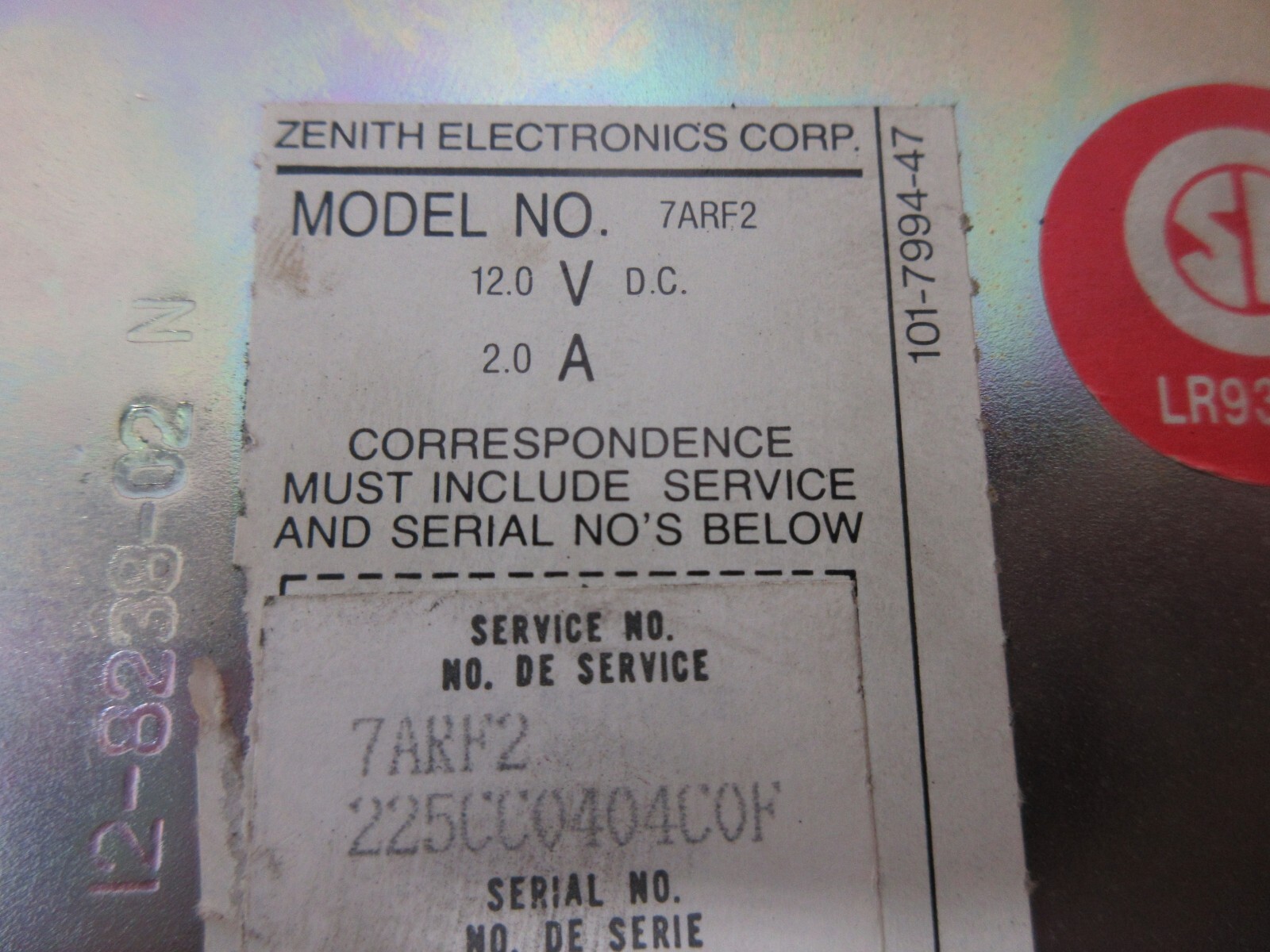 ZENITH DISPLAY MONITOR 7ARF2 12.0V DC 2.0A 7ARF2 225CC0404C0F WARRANTY ...