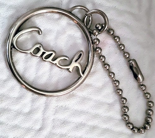 COACH Bag Charm Round Script Logo Polished Silver Metal on Ball Chain ...