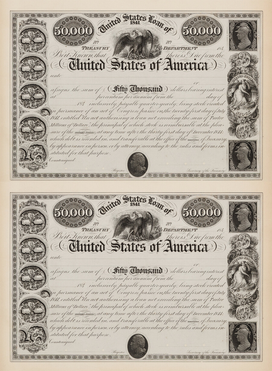 $50,000 U.S. Treasury Loan Bond Note 1841 Currency Sheet REPRODUCTION ...