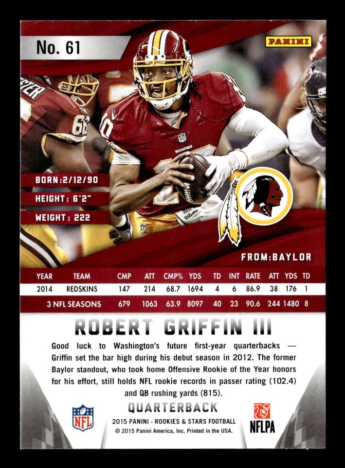 Robert Griffin III 2015 Panini Rookies & Stars #61 Washington Redskins ...
