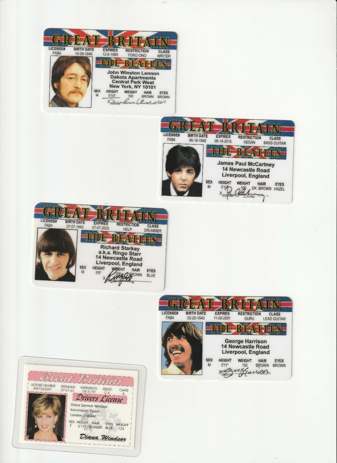 Beatles John Paul George Ringo Identification ID C fake ID card Lennon ...