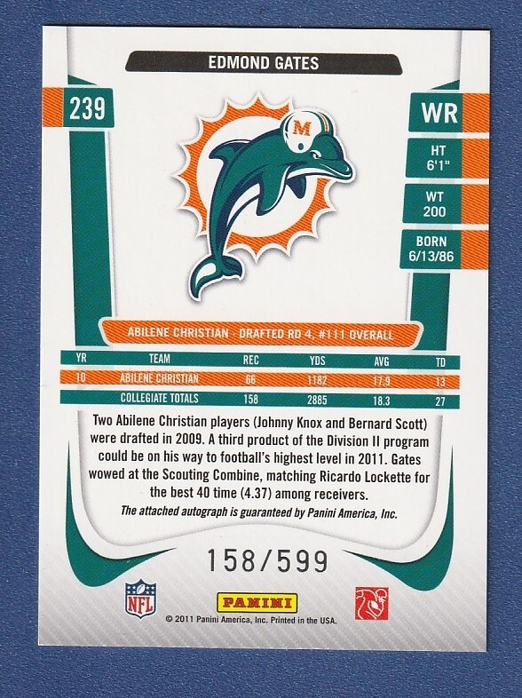 EDMOND GATES 2011 Prestige AUTO RC #239 Dolphins Signed Rookie Card ...