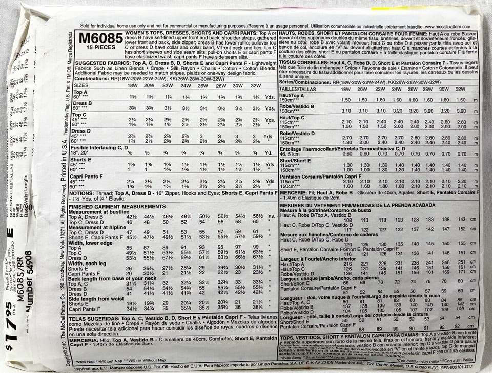 2010 McCalls Sewing Pattern M6085 Womens Tops Dresses Shorts Capris 18 ...