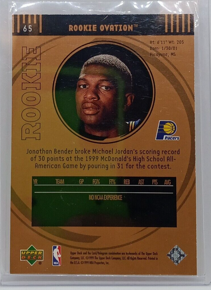 1999-00 Upper Deck Ovation Jonathan Bender Pacers Basketball Card #65 ...