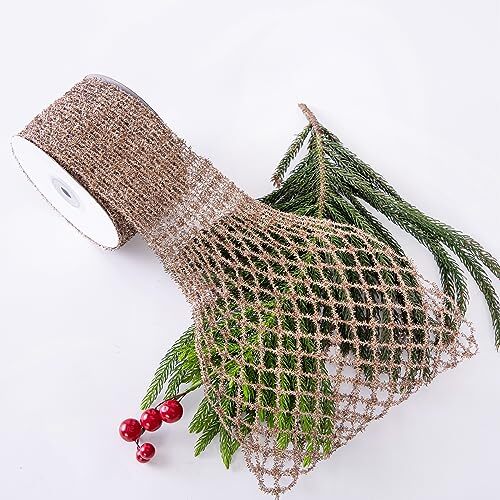 Brown Fall Stretchable Mesh Glitter Metallic Wired Ribbon Wide 2.5" to ...