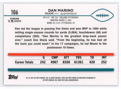 2024 Topps Chrome Dan Marino Miami Dolphins #106 | eBay