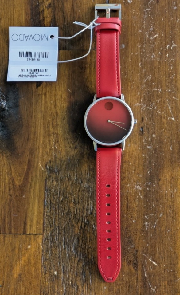 Movado Face 41mm Red Dial Stainless Steel Watch Leather Strap, Swiss | eBay