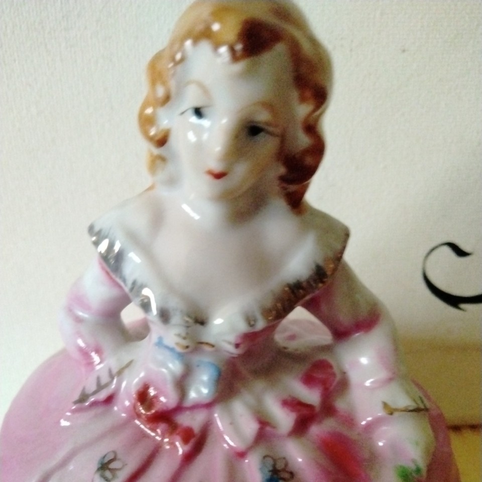 VINTAGE POWDER JAR Porcelain Lady In Full pink Dress W/ Fan Trinket Box ...