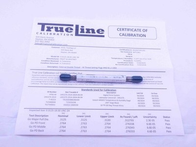 CERTIFIED 5/16 18 UNC 3A SET THREAD PLUG GAGE .3125 GO NO GO PDS= .2764 ...