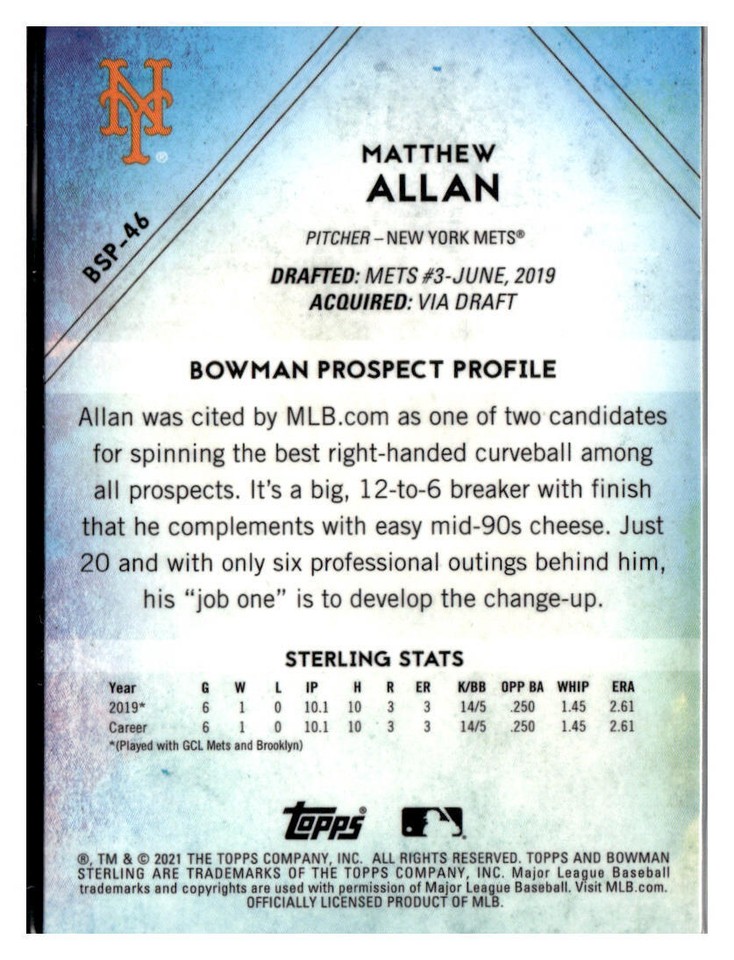 2021 Bowman Sterling #BSP-46 Matthew Allan New York Mets | eBay