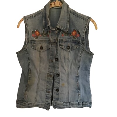 Axcess Womens Jean Jacket Vest Size 4 Denim Distressed Embroidery ...