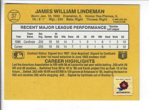 JIM LINDEMAN 1987 DONRUSS BASEBALL AUTOGRAPHED CARD 37 ST LOUIS ...