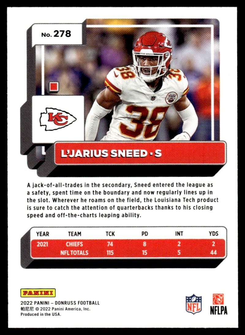 2022 Football Card L'Jarius Sneed Kansas City Chiefs #278 | eBay