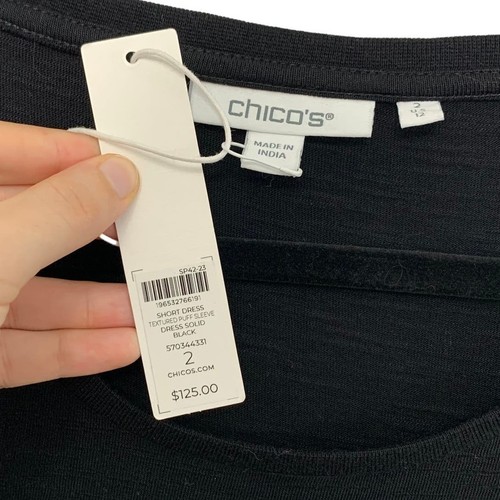 Chico's Textured Puff Sleeve Mini Dress Womens Sz 2 (L) Black Modal ...