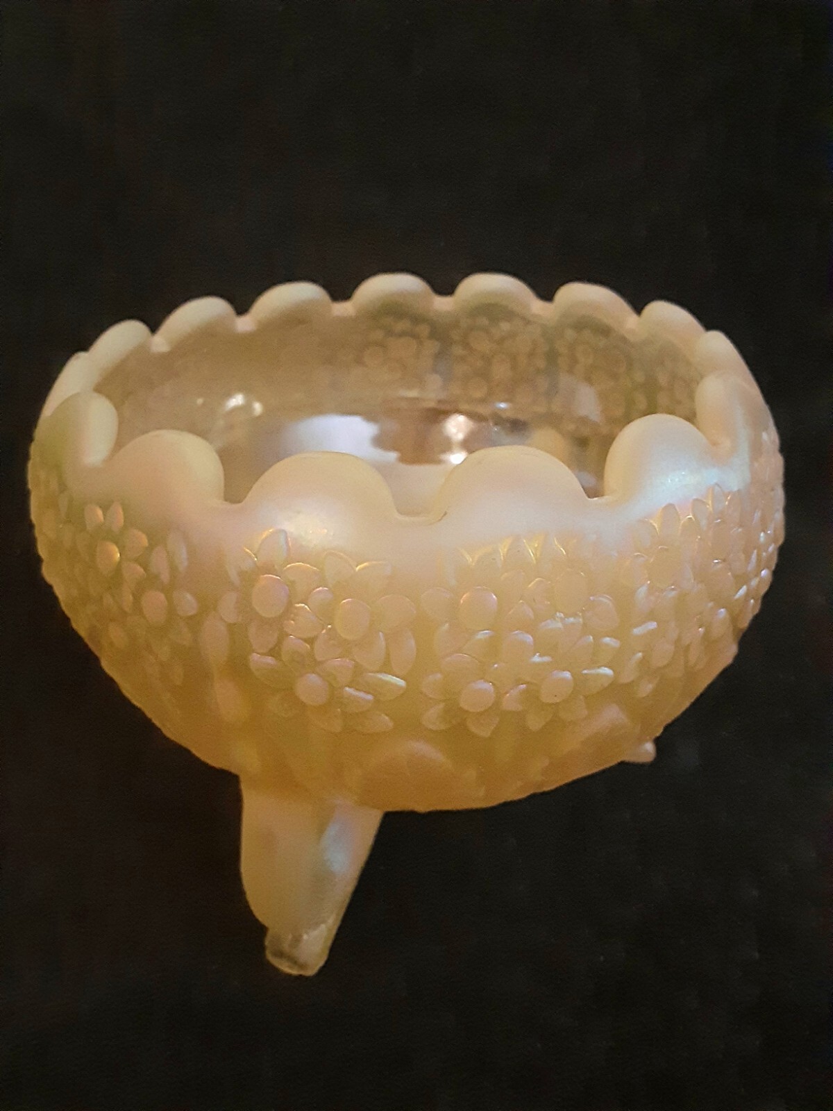 Vintage Fenton Yellow Carnival Glass Orange Tree Blossom Three Footed ...