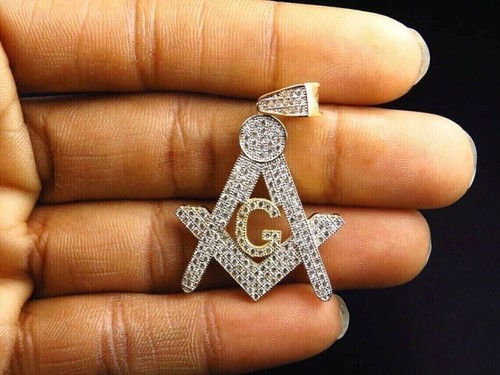 2.50 Ct Round Simulated Diamond Freemason Pendant 14K Two Tone-Gold ...