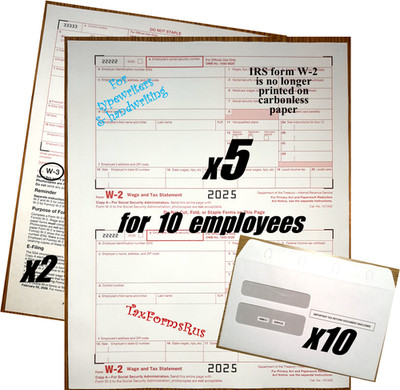 2025 IRS TAX FORMS KIT:: W-2 Wage Stmts 10 employees+Env+(2) W-3, NON ...