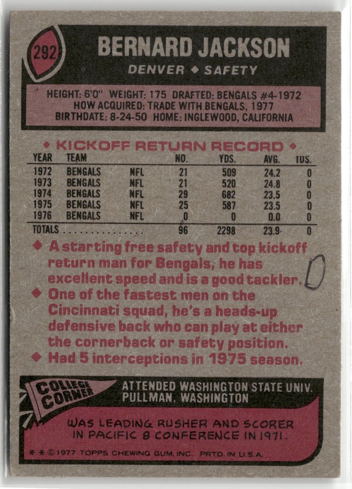 1977 Topps Bernard Jackson #292 Denver Broncos VGEX | eBay