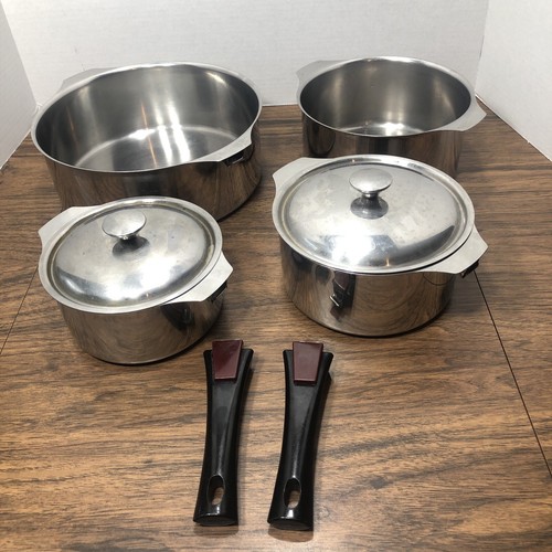 4 TRIPLINOX PANS w/ 2 Handles & 2 Lids 18-10 Stainless Cookware France ...