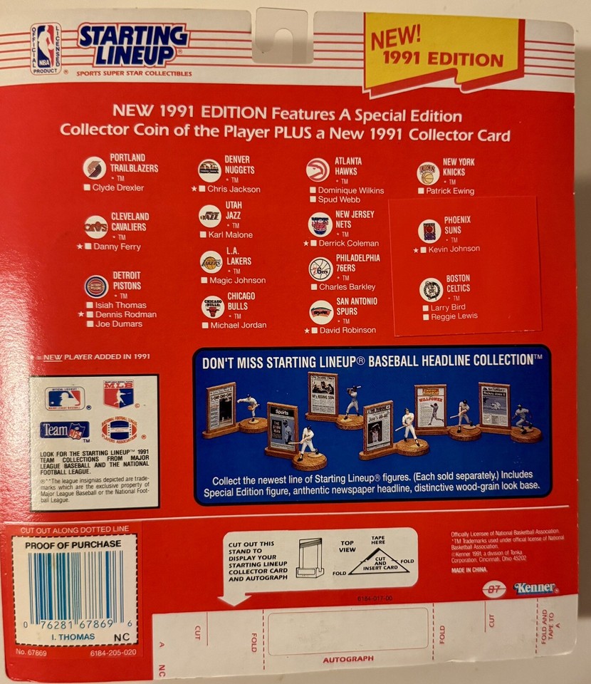 1991 Starting Lineup ISIAH THOMAS - SLU Detroit Pistons w/ Collector ...