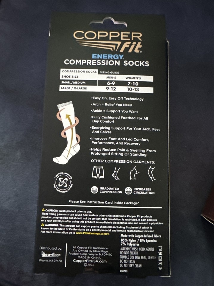 Copper Fit Energy Compression Socks Black, Size S/M Health Workout Sock ...