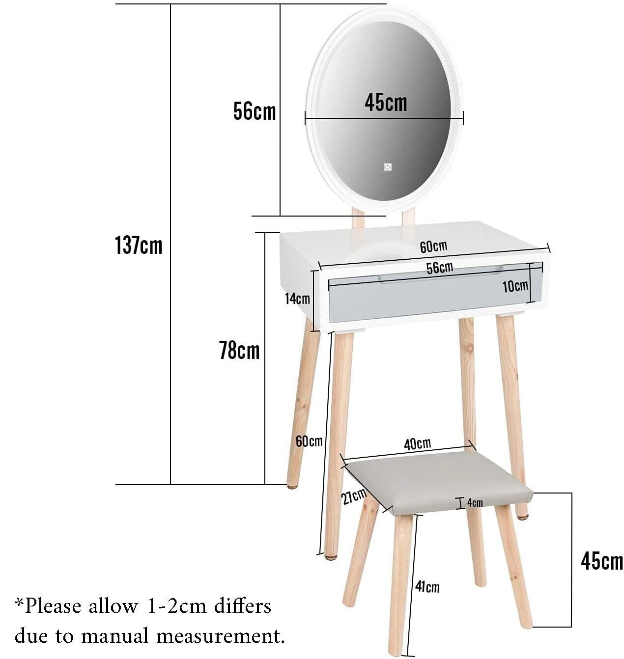 Modern Dressing Table Stool Vanity Set LED Lighted Mirror Makeup Desk w ...