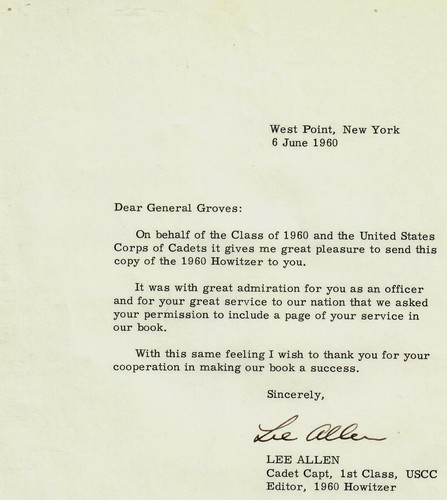 “Manhattan Project” Lee Allen Signed TLS on West Point Letterhead From ...