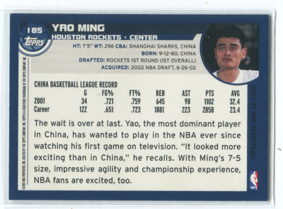 2002 Topps Rookie Card #185 Yao Ming | eBay
