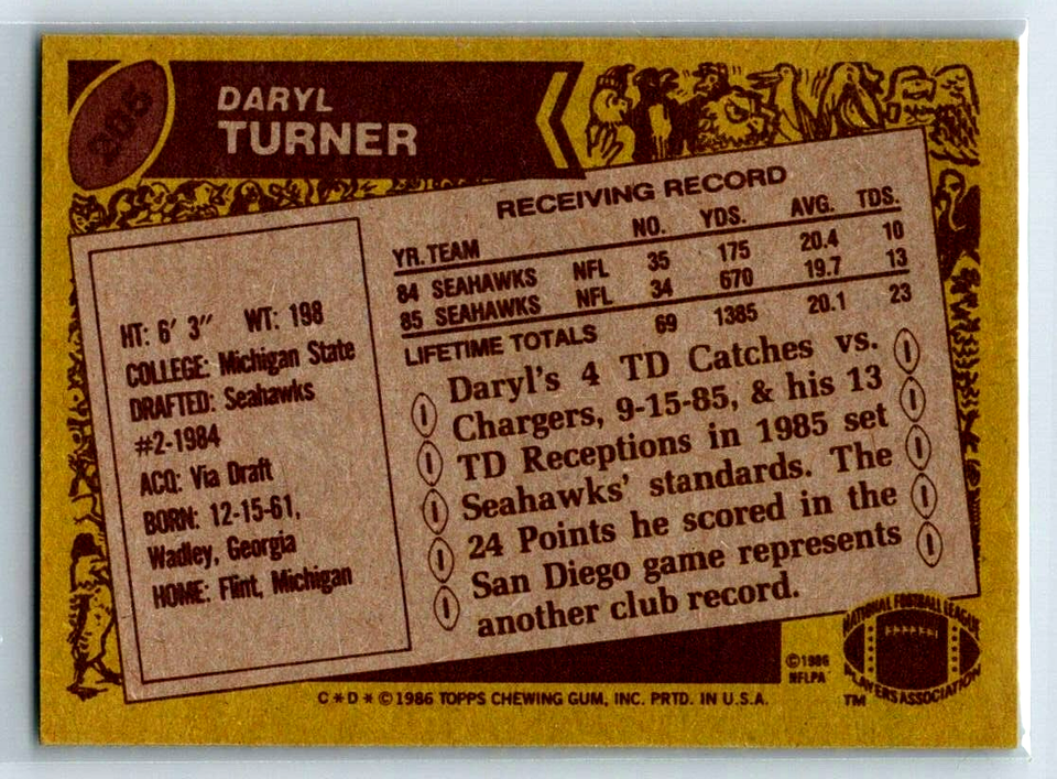 1986 NFL Topps Daryl Turner #205 Seattle Seahawks 86-TFBC | eBay