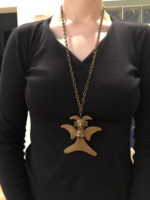 HUGE BRASS PENDANT NECKLACE MAYAN INCA BIRD DEITY HAND MADE CHAIN-SHOW ...