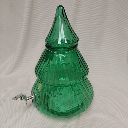 Green Glass Christmas Tree beverage drink dispenser NWT Holiday Time 2. ...