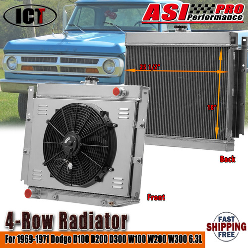 4 Row Radiator+Shroud Fan For 1969-1971 Dodge D100 D200 D300 W100 W200 ...