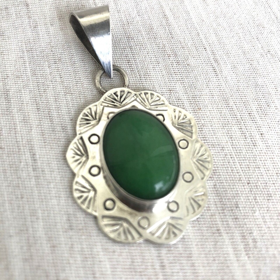 Large Sterling Silver 925 and Jade Oval Stone Pendant, Marked Mexico; 2 ...