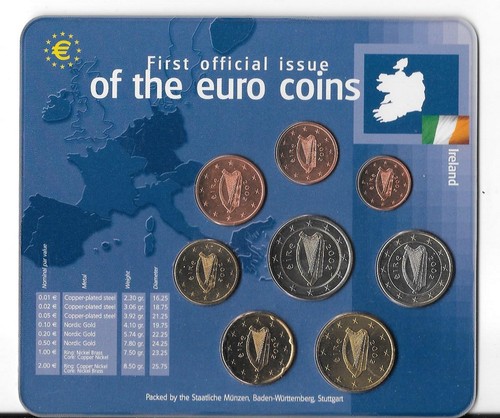 IRELAND EURO SET 1 CENT - 2 EURO 2002 UNC Euro First Official Issue ...