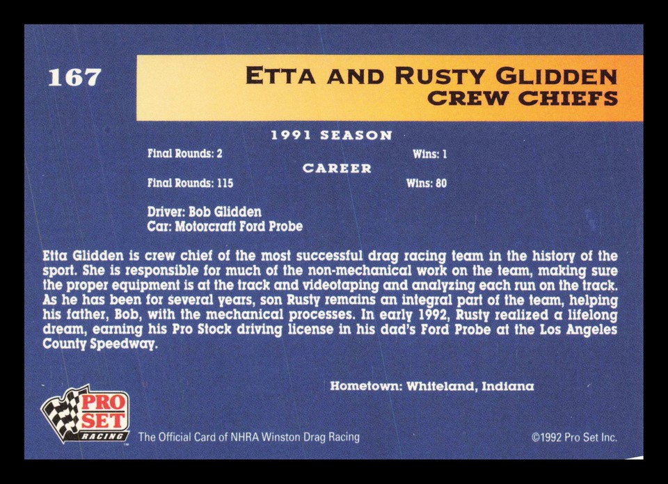 Rusty Glidden / Etta Glidden #167 1992 Pro Set NHRA | eBay