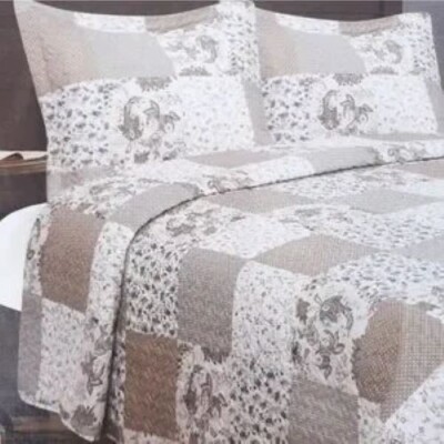 Longmeadow Full Queen Quilt Set Beige Blue | eBay