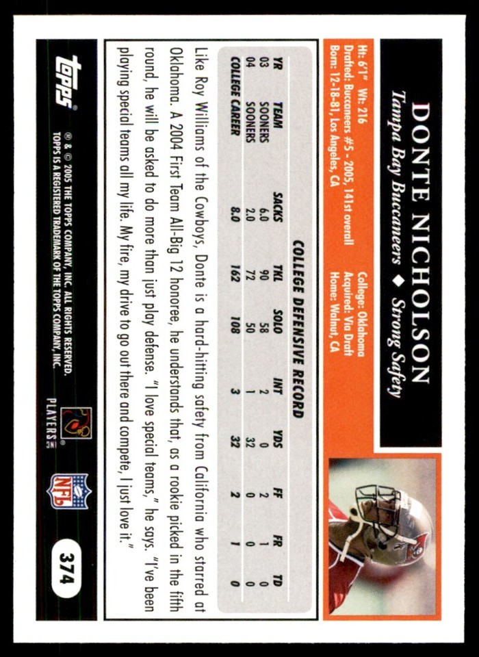 2005 TOPPS DONTE NICHOLSON TAMPA BAY BUCCANEERS #374 | eBay