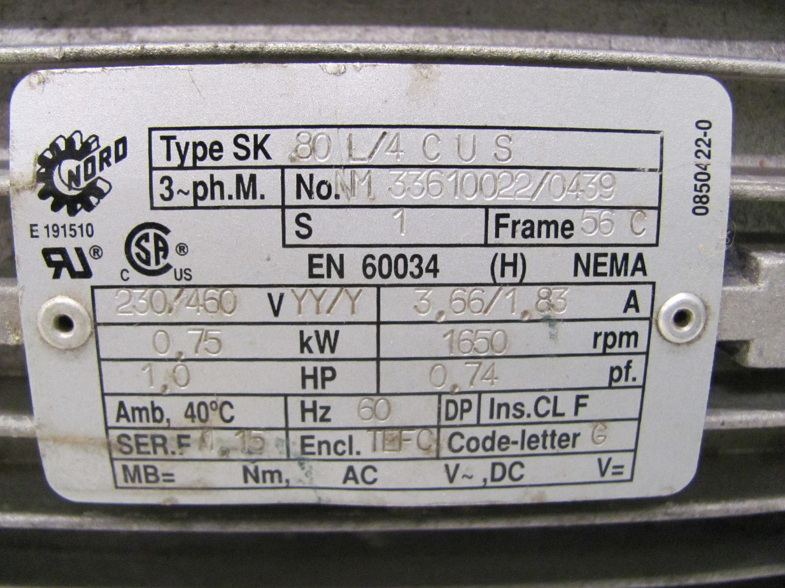 NORD MOTOR 80 L/4 CUS TYPE SK 1650RPM 1HP 230/460V 3.66/1.82A USED | eBay