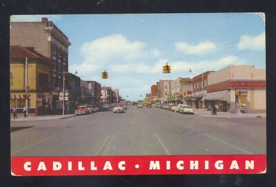 CADILLAC MICHIGAN DOWNTOWN STREET SCENE OLD CARS STORES VINTAGE ...