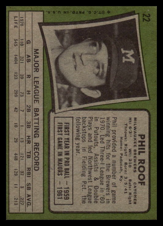 1971 Topps Phil Roof #22 Milwaukee Brewers | eBay