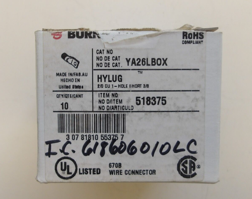 BURNDY P/N: YA26LBOX HYLUG 2/0 CU 1 HOLE SHORT 3/8 COMPRESSION LUG 1 ...