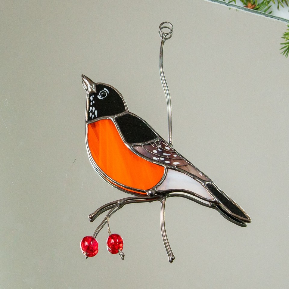 STAINED GLASS American Robin Window Hangings Stained Glass Bird ...