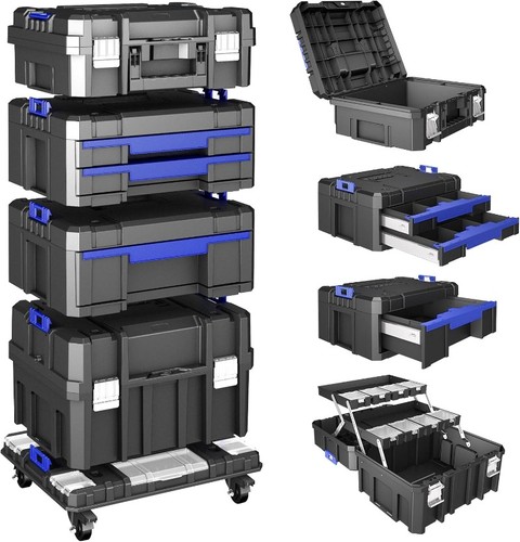 4 Tier Stackable Rolling Tool Box with Wheels Modular Organizer Storage ...