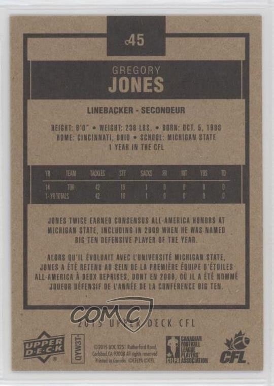 2015 Upper Deck CFL O-Pee-Chee Retro Greg Jones Gregory Jones #45 0c3 ...