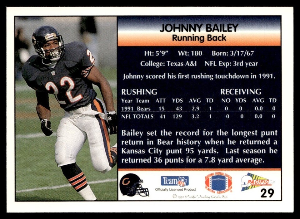 1992 Pacific Johnny Bailey Chicago Bears #29 | eBay