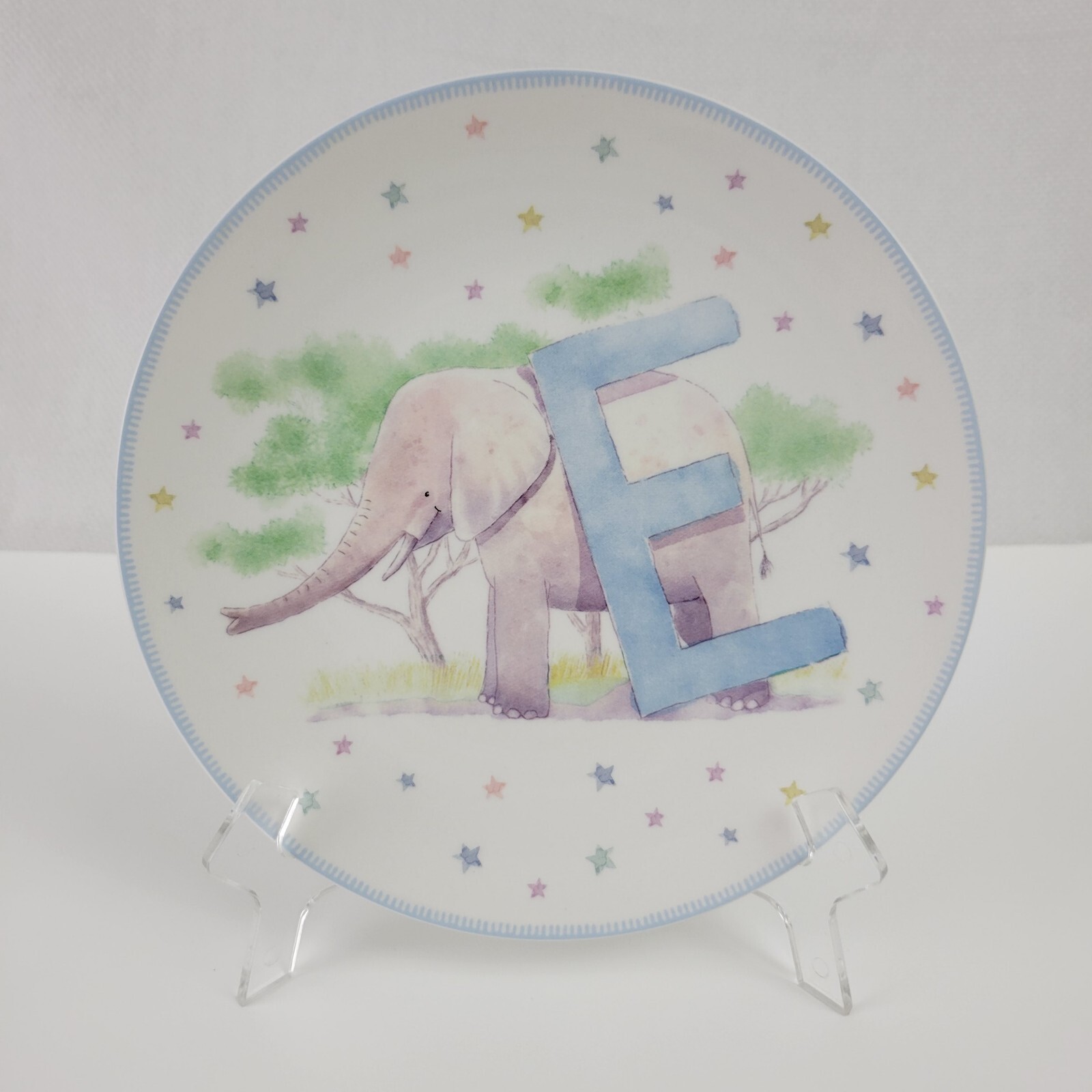 Zara Home Alphabet Kids Plate, E for Elephant, Stars, 8" Blue Porcelain ...